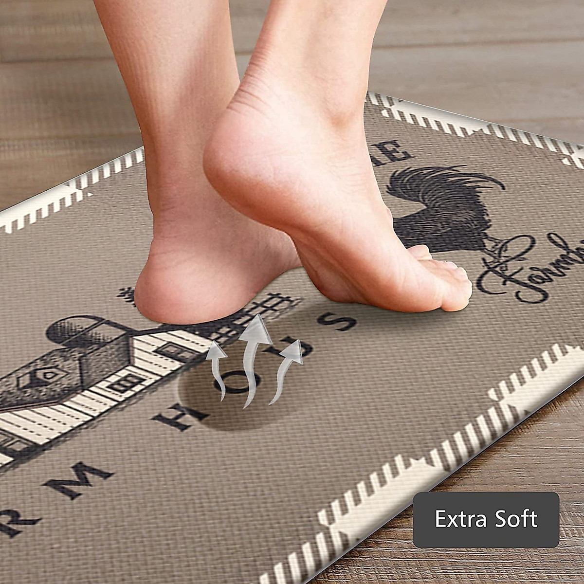 AQQA Kitchen Mat, Anti Fatigue Rooster Buffalo Plaid Sunflower Farmhouse Rugs, Waterproof & Non-Slip PVC Leather Floor Mat for Kitchen, Sink, Office, Laundry, Set of 2 (Brown, 17"x27"+17"x47")