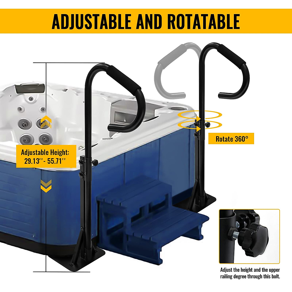 KODOM Hot Tub Handrail Spa Safety Rail 57"H,Hot Tub Hand Rail Slide Under Mounting Base 600LBS Capacity Spa Side Handrail Hot Tubs Rail with Sponge Rubber Grip for Indoor/Outdoor Bath