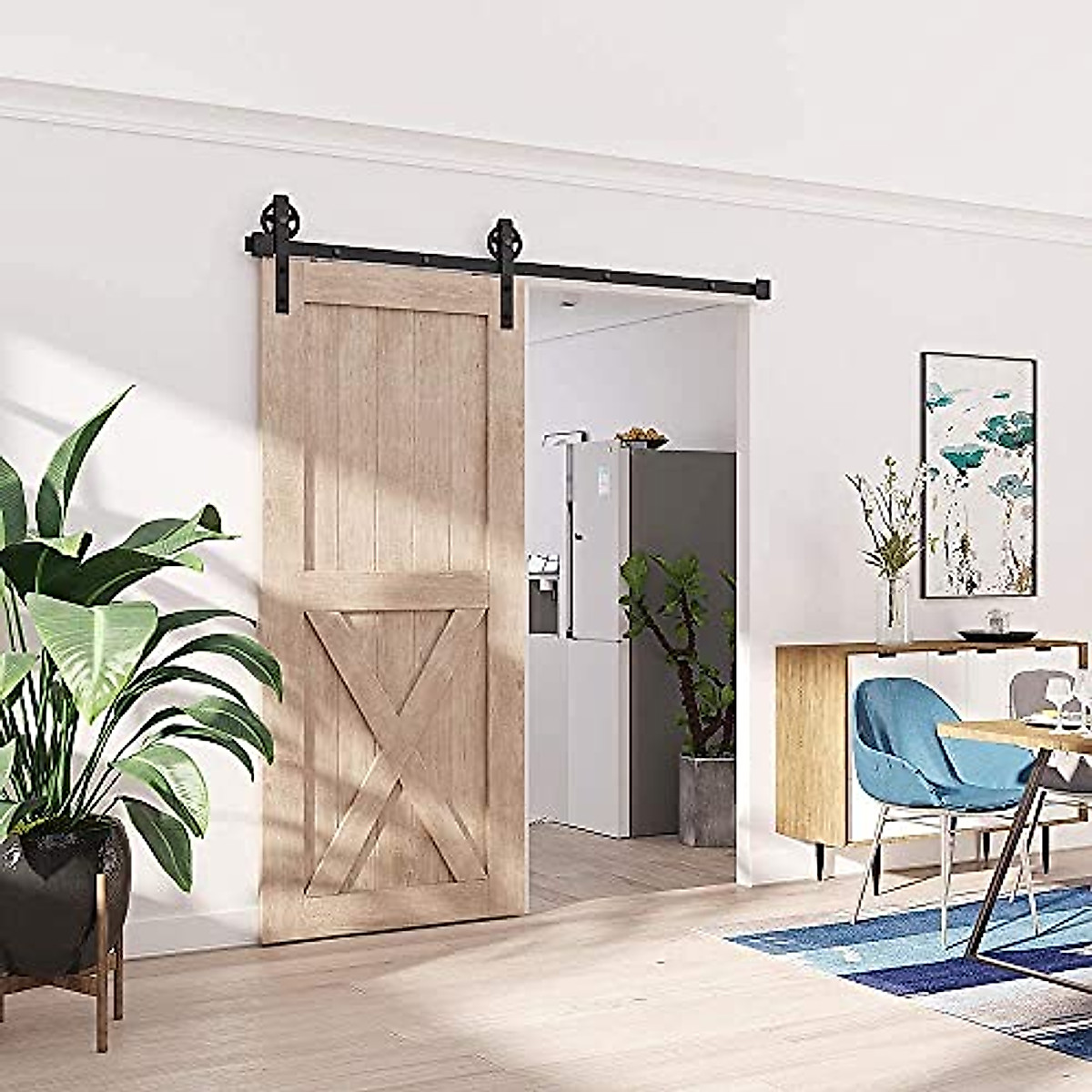 ZEKOO 7.5 FT Barn Door Hardware Kit,Sliding Door Hardware for Single Barn Door, Heavy Duty Black Steel Big Black Wheel Hanger,Heavy Duty,Slide Smoothly Quietly,Easy Install