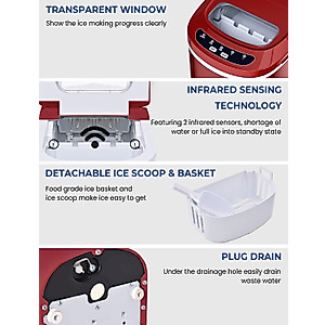 SIMOE Electric Ice Maker Machine for Countertop, 26-1/2 LBS/24 H Ice Making Machine with 9 Ice Cubes Ready in 6 Min, Portable Ice Cube Machine with Scope & Basket (Red)
