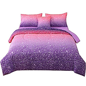 JQinHome Twin Pink Purple Comforter Set, 6 Piece Bed in A Bag 3D Colorful Bedding Set for Girls Kids (1 Comforter,2 Pillowcases,1 Flat Sheet,1 Fitted Sheet,1 Cushion Cover)(Pink Purple)