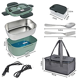 HANFFCAT Electric Lunch Box, Portable Box Food Heater Leak-Proof Sealing Ring Waterproof And For Car、Truck Work 12v 110v 55w ,Stainless Steel Container Spoon Fork、Handbag, Green (DRFH-02)