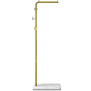 VEKOID Metal Coat Rack Freestanding with Natural Marble Base, Entryway Coats Hanger Stand with 3 Hooks, Home Hotel Hall Tree for Coats, Hats, Scarves, Clothes, and Handbags (Light Gold)