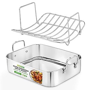 NutriChef Stainless Steel Roasting Pan with Lid and Polished Rack - Wide Wire Handles for a Confident Grip - Ideal for Thanksgiving, Tender Roasts, Deep Dishes, and More, 14.8'' x 11.6" x 3.7" IN