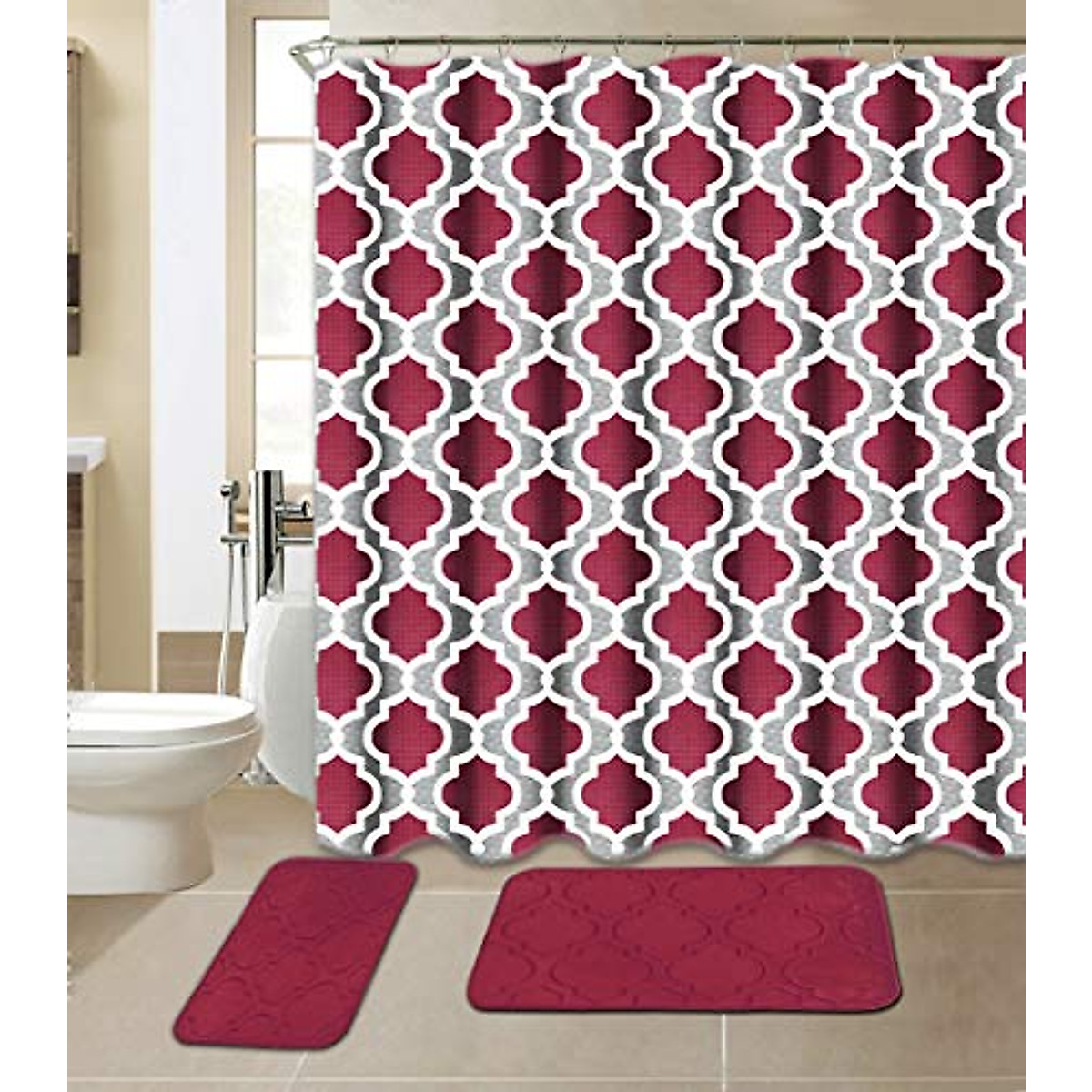 All American Collection 15-Piece Bathroom Set with 2 Memory Foam Bath Mats and Matching Shower Curtain | Designer Patterns and Colors (Geometric Burgundy)