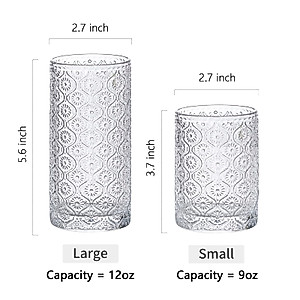 SoulTimes Glass Cups Vintage Glassware Set of 4, Drinking Glasses 12.5oz, Embossed Pattern Style Transparent Cocktail Glasses Set, for Ice Coffee,Juice,Beer,Bar Beverages,Drinkware, Transparent (L)