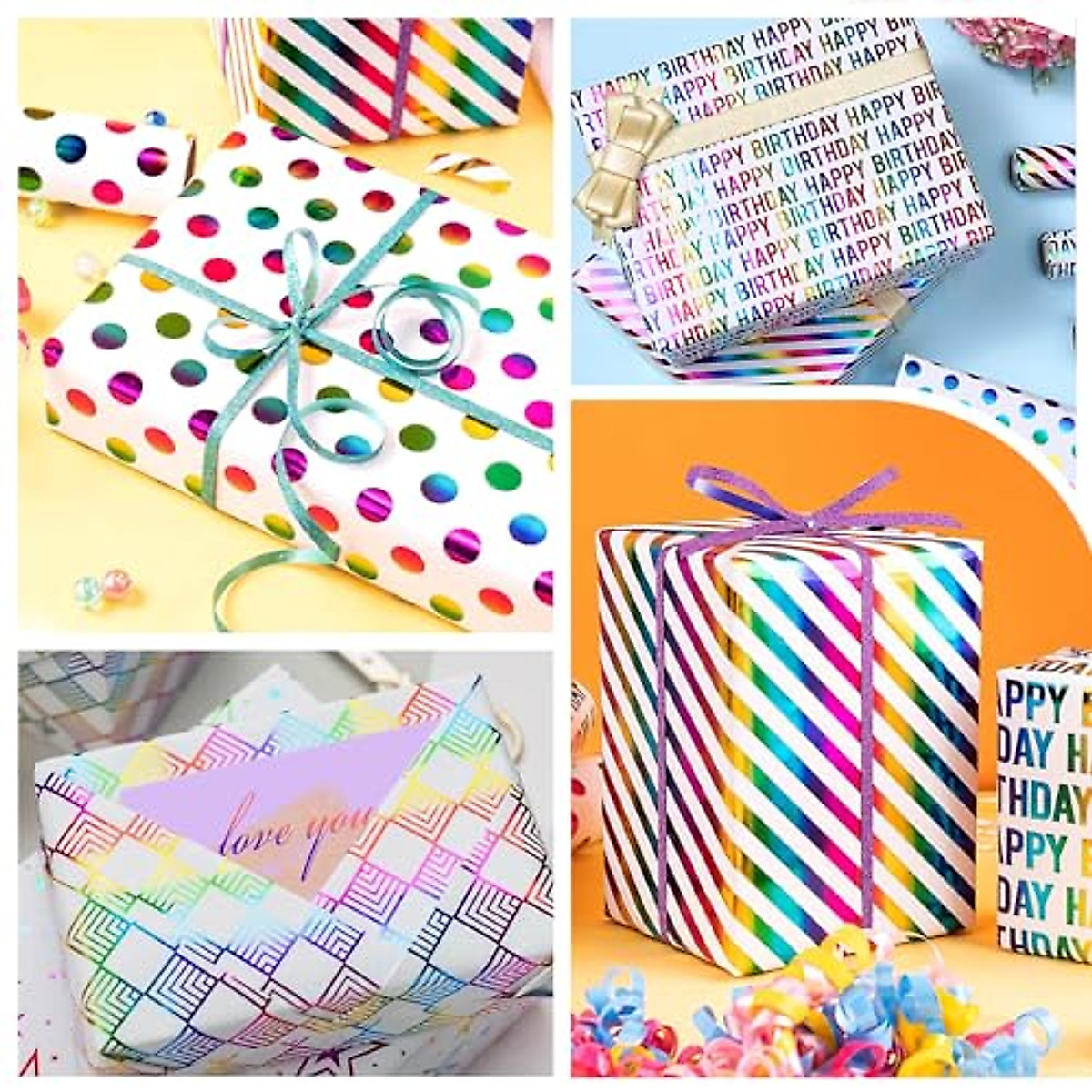 Egcina Present Rainbow Wrapping Paper, 10 Sheets Birthday Christmas Wedding BabyShower Present Foil Wrapping Paper for Kids, Adults, Princess Pink Barbie Rainbow Happy Birthday