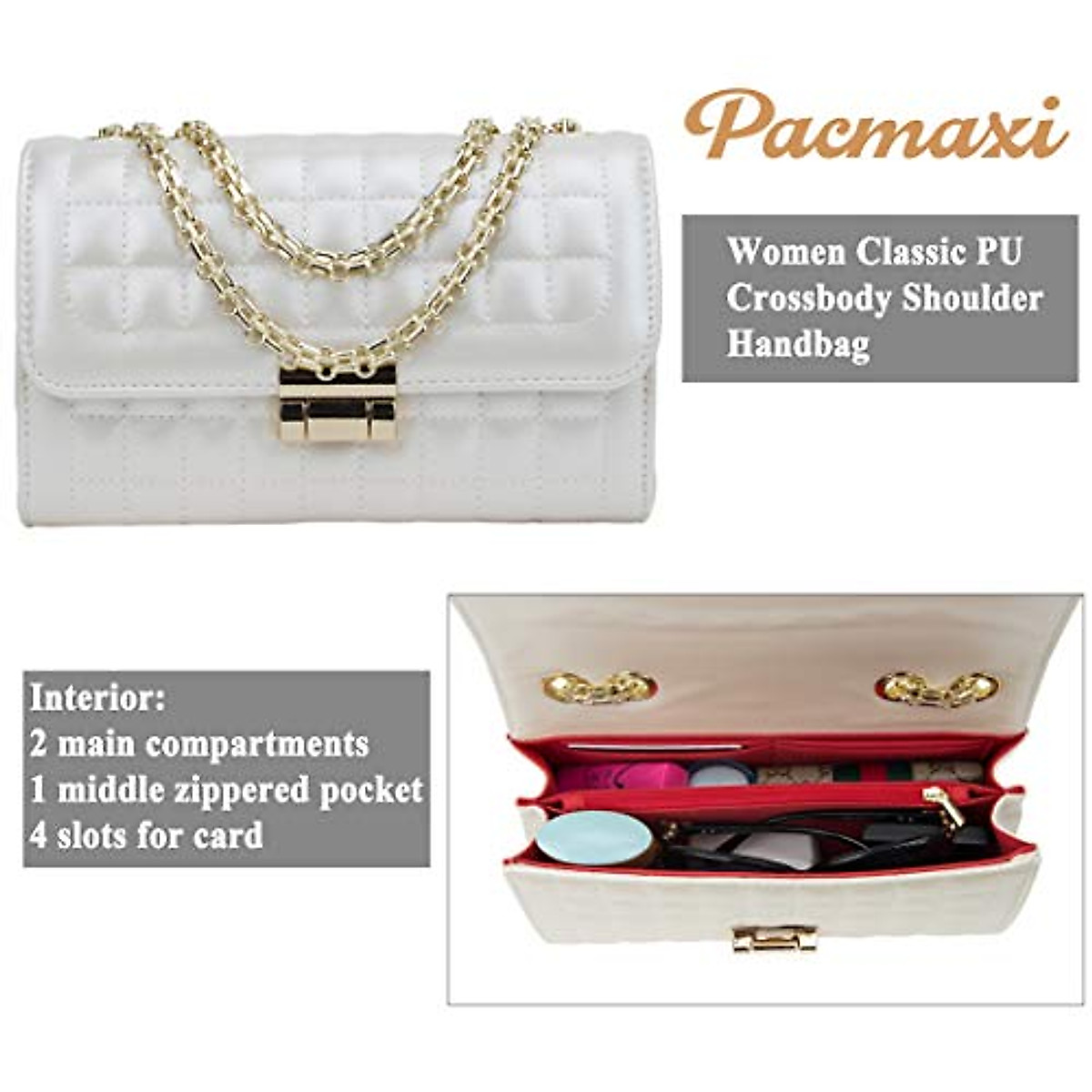 Women's Classic PU Leather Crossbody Purse Shoulder Bags Golden Chain Satchel Handbags(Ivory1)