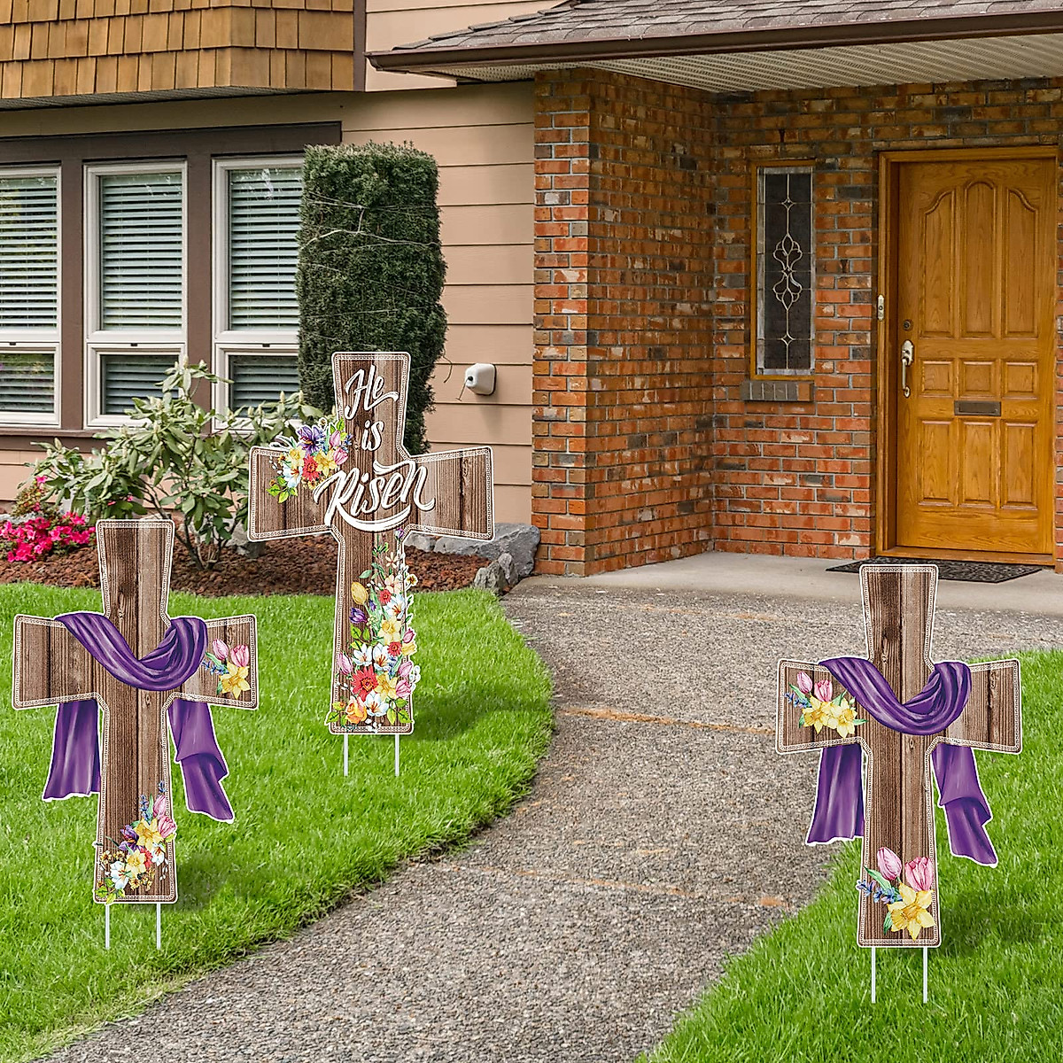Marsui 3 Pcs Easter Decorations Easter Signs for Yard He Is Risen Sign Religious Easter Yard Sign Easter Outdoor Decorations Waterproof Easter Cross Lawn Stakes for Home Garden Easter Party (Classic)