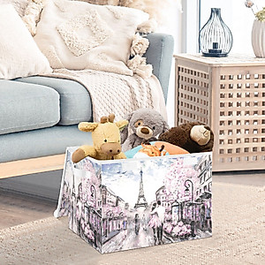 MFTJYO Storage Bin with Lid Romantic Couple Paris Street Scene Foldable Storage Box Washable Fabric Storage Cubes Bin Organizer Basket Closet for Home Bedroom Closet Nursery Office
