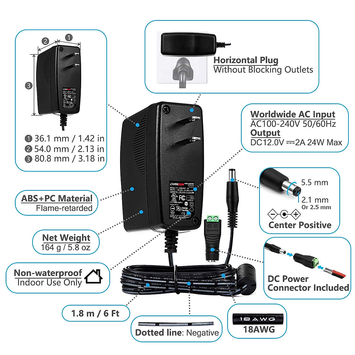 Chanzon 12V 2A Power Supply Class2 24W LED Strip CCTV Camera AC DC Switching Adapter (Input 100-240V, Output 12 Volt 2 Amp) Wall Wart Transformer Charger for DC12V (6Ft Cord, 24 Watt Max)
