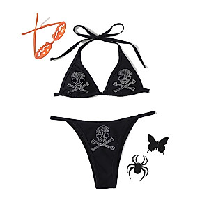 WDIRARA Women's Skull Pattern Halter Triangle Thong Sexy 2 Piece Bikini Swimsuit Black L