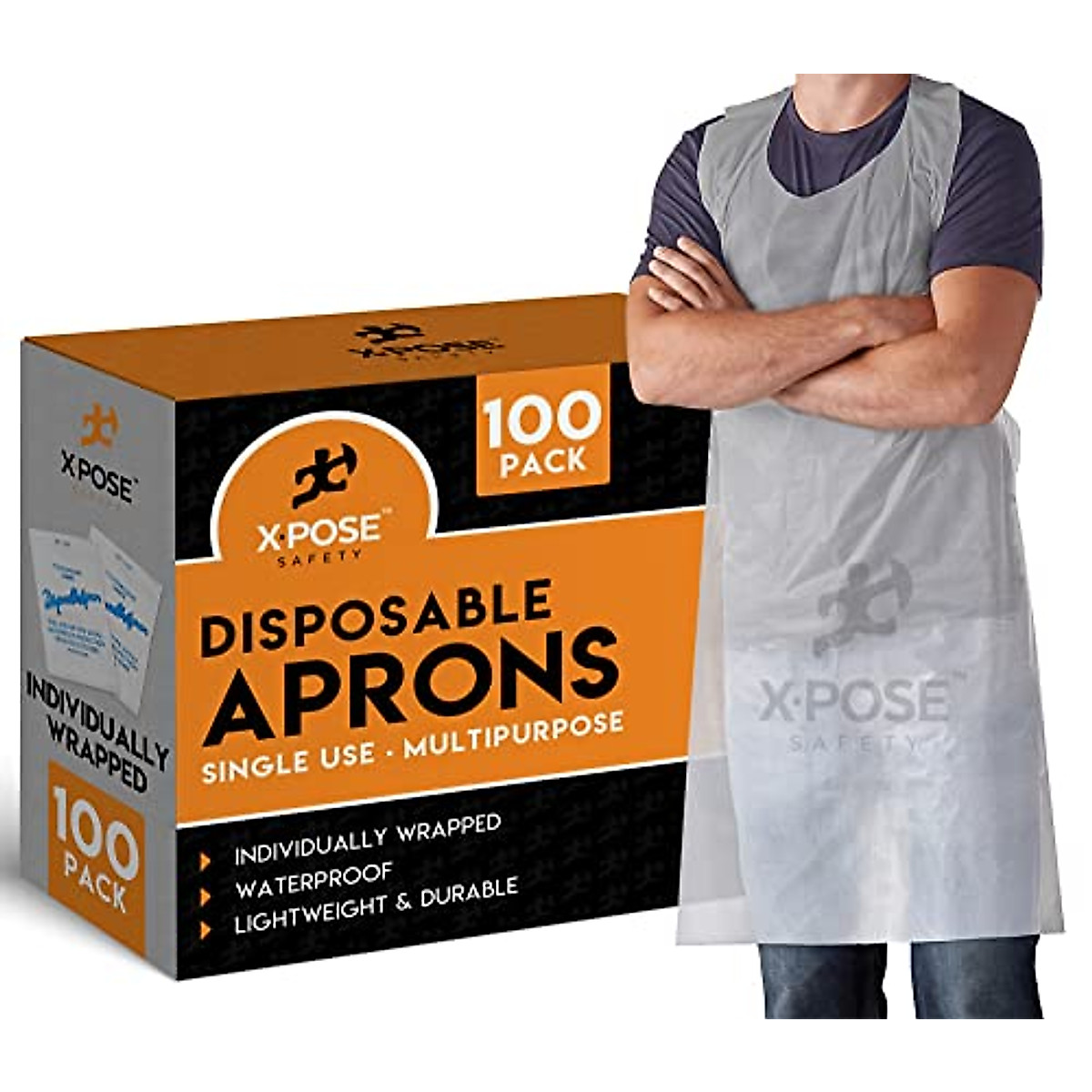 Xpose Safety 100 White Plastic Disposable Aprons For Cooking, Painting and More - Individually Packaged - Durable 1 mil Waterproof Polyethylene - 24" x 48"