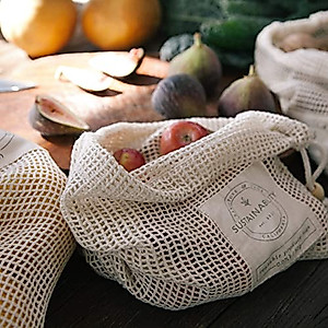 Reusable Produce Bags Organic Cotton | Home Essentials Sustainable Living, Washable Laundry, Travel Organizer, Zero Waste Biodegradable Drawstring Vegetable Mesh Grocery Bag | Set of 7 w/Tare Weights