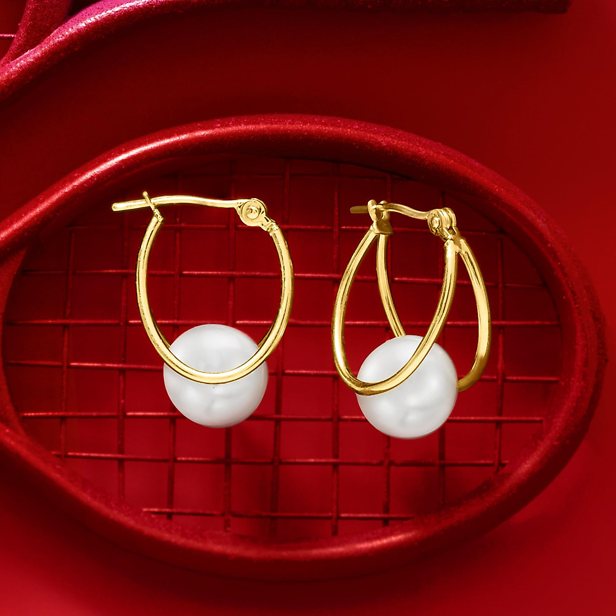 Ross-Simons 8-9mm Cultured Pearl Double-Hoop Earrings in 14kt Yellow Gold. 3/4