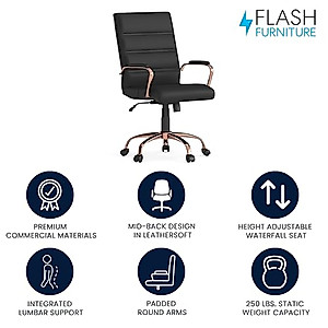 Flash Furniture Whitney Mid-Back Swivel LeatherSoft Desk Chair with Padded Seat and Armrests, Adjustable Height Padded LeatherSoft Office Chair, Black/Rose Gold