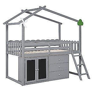 RORIGAT Twin Size House Bed Low Loft Beds for Kids, Wood Playhouse Lofts Bed with Storage Drawers and Cabinet, Fun Montessori Loft Bed with Blackboard, Fence Guardrails for Girls Boys Teens, Gray
