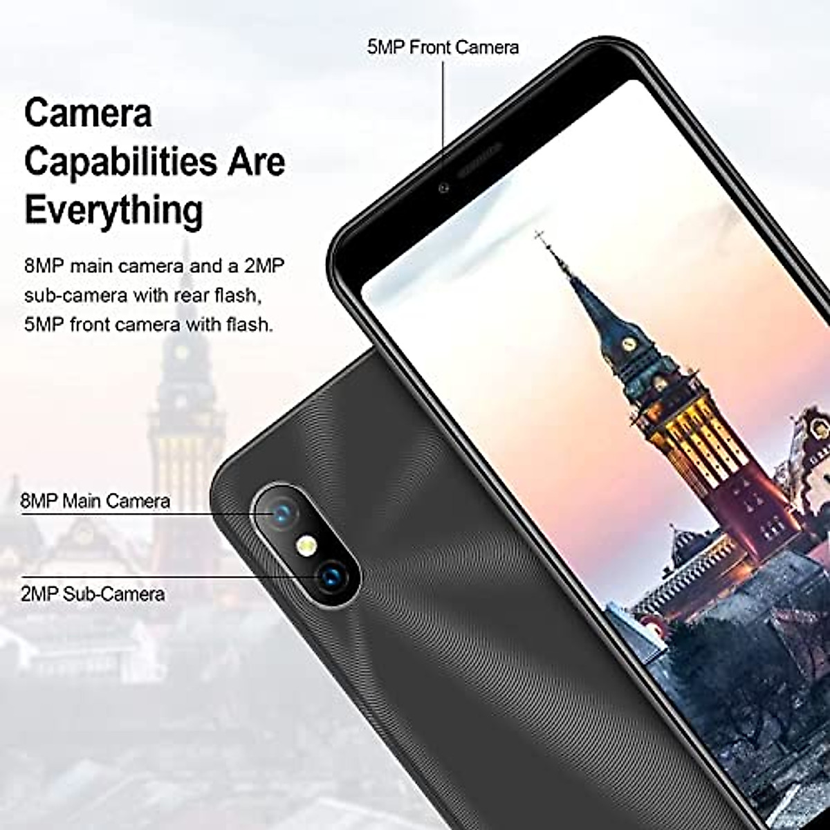KXD 6A Unlocked Cell Phone | 3G Smartphone | 5.5” Full-Screen Display | 2500mAh Battery | 8MP + 5MP Camera | Dual SIM Android Phone | 8GB ROM | US Version | Black