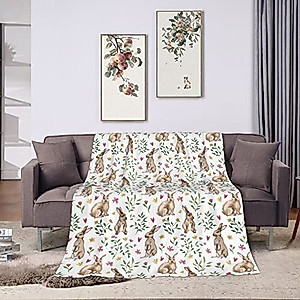 Rabbits and Flowers Throw Blanket Warm Cozy Lightweight Blankets Soft Easter Bunny Flannel Blanket for Sofa Couch Bed Office Holiday Decorative 80"X60"
