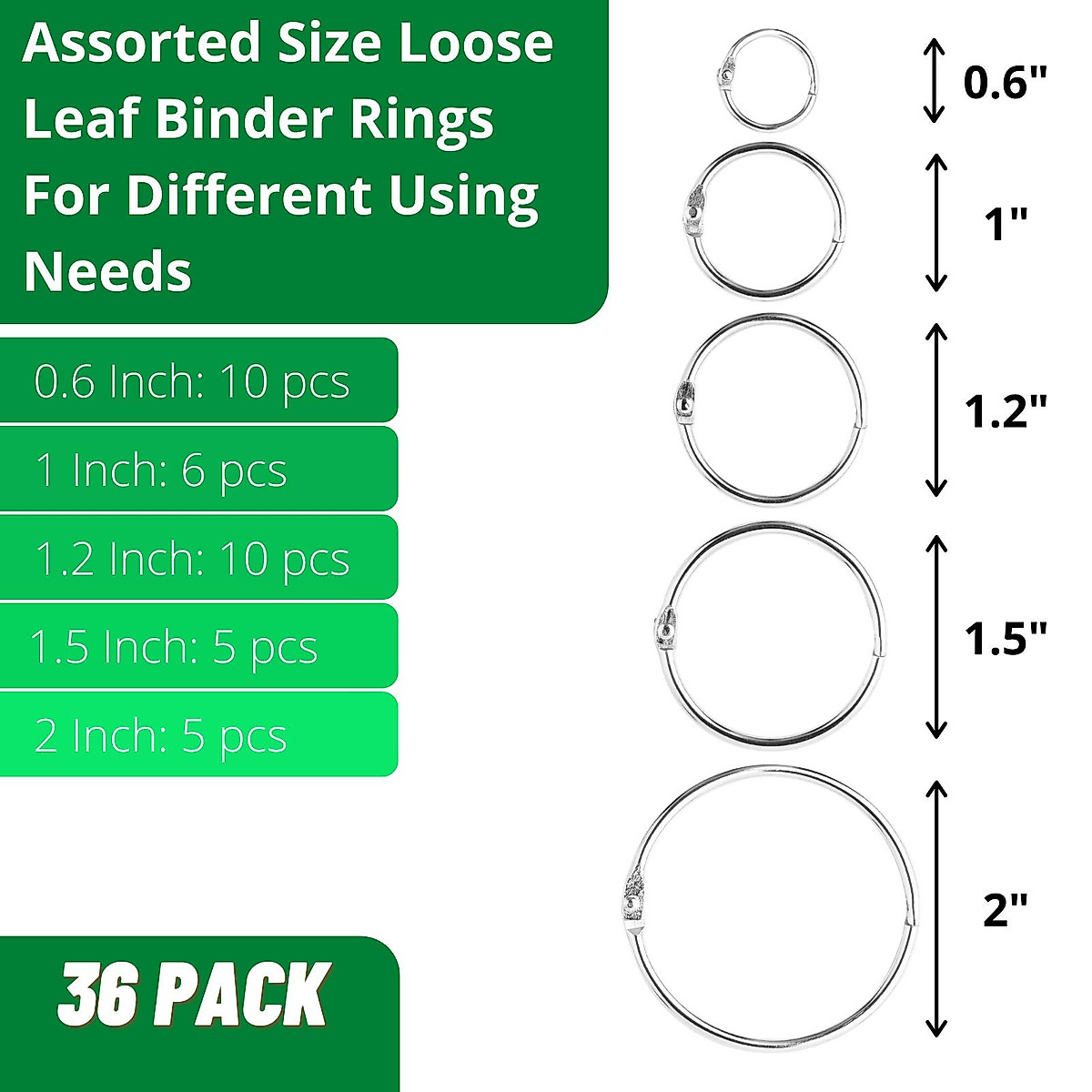 Mr. Pen- Binder Rings, Loose Leaf Binder Ring, 36pc, Assorted Sizes, Book Binder Rings, Ring Binder Clips, Metal Rings for Index Cards, Rings for Flash Cards, Index Card Rings, Book Rings, Ring Hooks