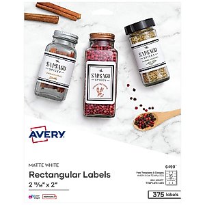 Avery Printable Blank Rectangle Labels, 2-11/16" x 2", Matte White, 375 Customizable Labels (6490)