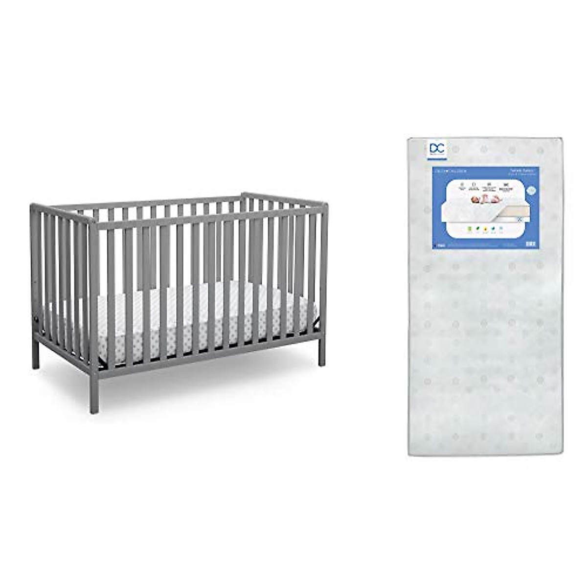 Delta Children Heartland 4-in-1 Convertible Crib, Grey + Delta Children Twinkle Galaxy Dual Sided Recycled Fiber Core Crib and Toddler Mattress (Bundle)