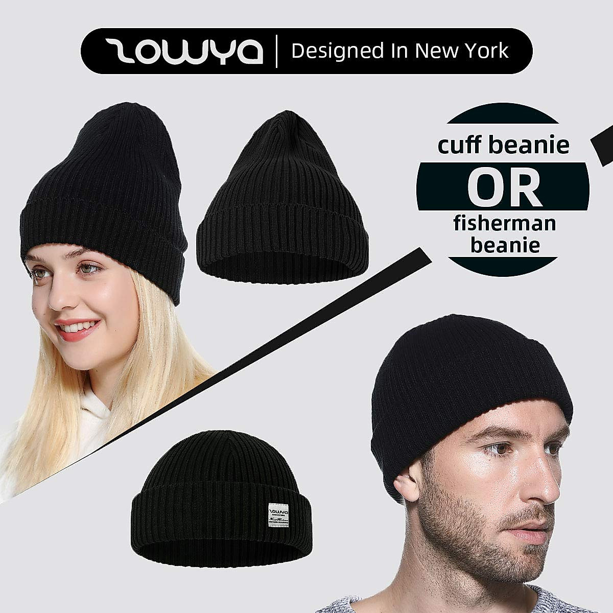 zowya Fisherman Beanie or Regular Cuff Knit Beanie for Men & Women Warm 2 in 1 Rib Watch Cap Gift Skull Cap Winter Ski Hat for Daily, 1 Hat 2 Style (Black)
