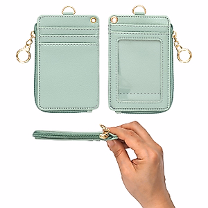 MONDO DESIGNS 2-in-1 ID Badge Holder & Lanyard Wallet - Multi-Use Womens Small Wallet with Removable Wristlet & Neck Lanyard, Clear Window, 5 Card Slots, Phone Holder, Ring Keychain - Green