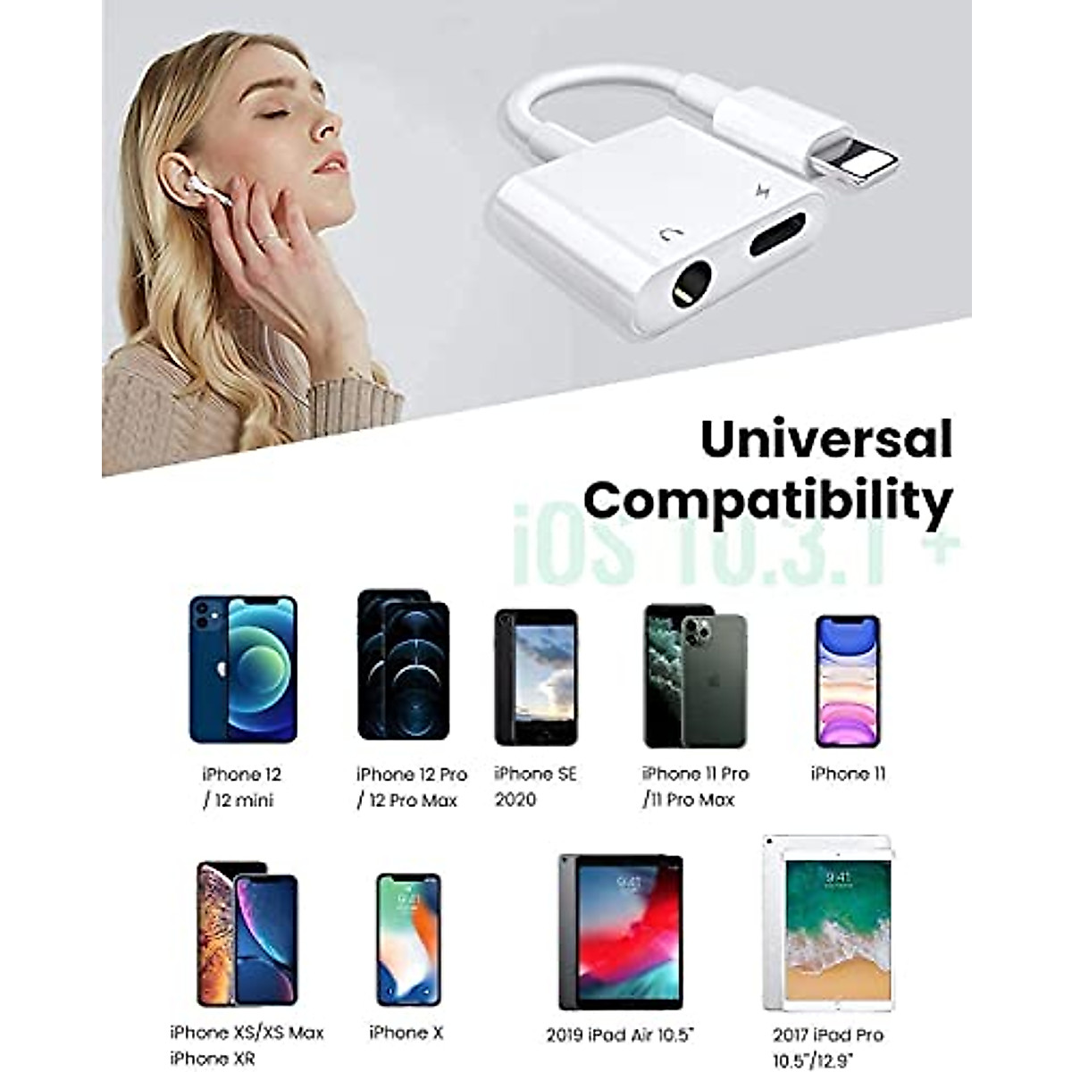 2 in 1 iPhone Headphones Adapter, [Apple MFi Certified] 2 Pack Lightning to 3.5mm Headphones Aux Audio + Charge Jack Adapter Dongle Splitter Compatible with iPhone14/13/12/11/SE/XS/XR/X/8/7