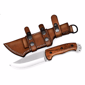 ALZAFASH Bushcraft Knife, Handmade Horizontal Carry Knife with Rosewood Handle, Hunting Knife with Holster, Tracker Knife With Sheath, High Carbon Steel Blade Knife