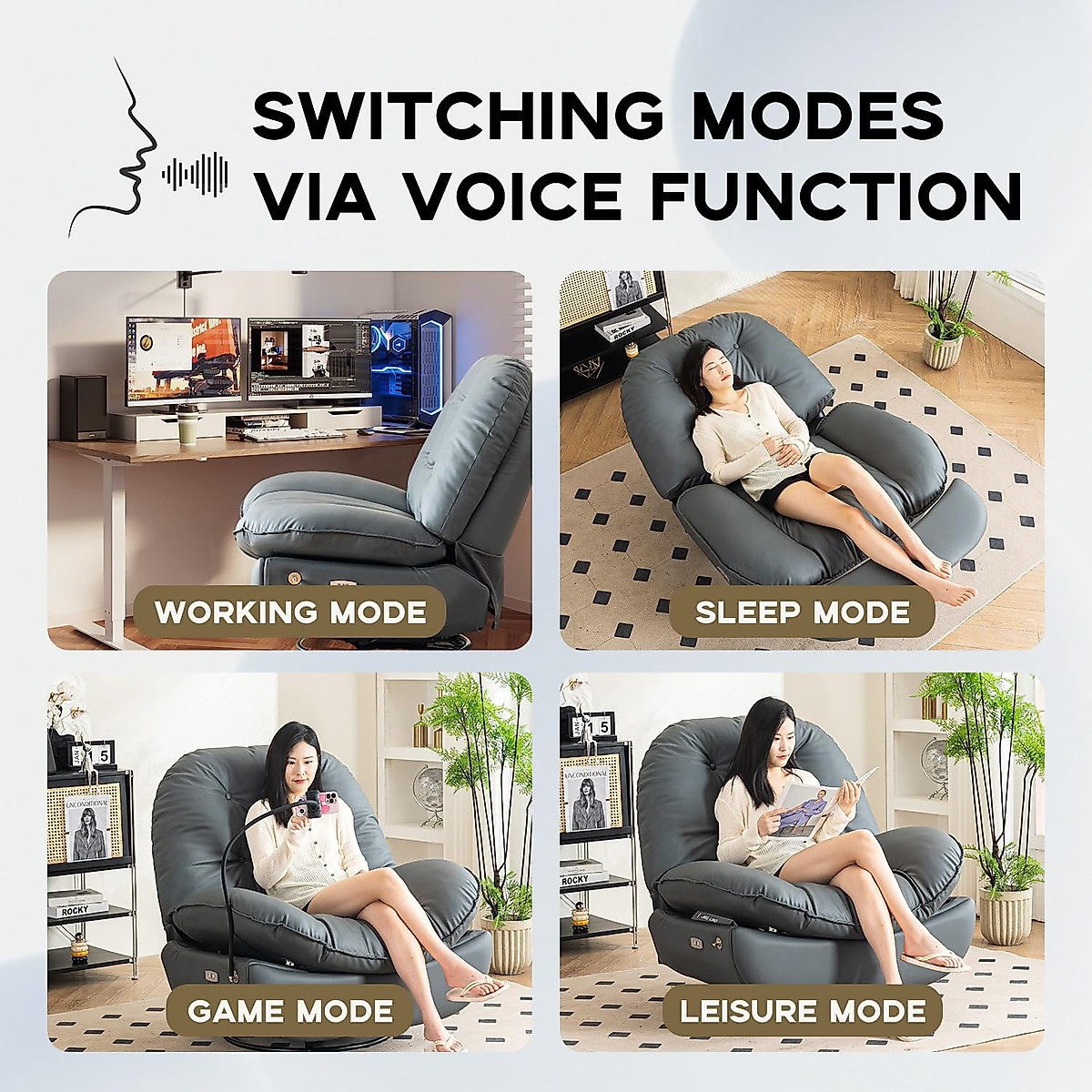 HAIZAO Oversized Recliner Sofa Swivel Rocking Chair Smart Electric Rocker Theater Recliner Chair Lazy Boy Glider with Charging Ports, Stereo Sound, Cellphone Holder and Pillow (Grey, Leather)