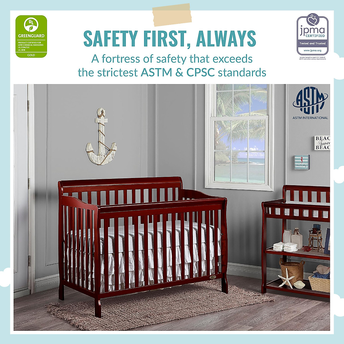 Ashton 4-In-1 Convertible Crib In Cherry, Greenguard Gold, JPMA Certified, Non-Toxic Finishes, Features 4 Mattress Height Settings, Made Of Solid Pinewood