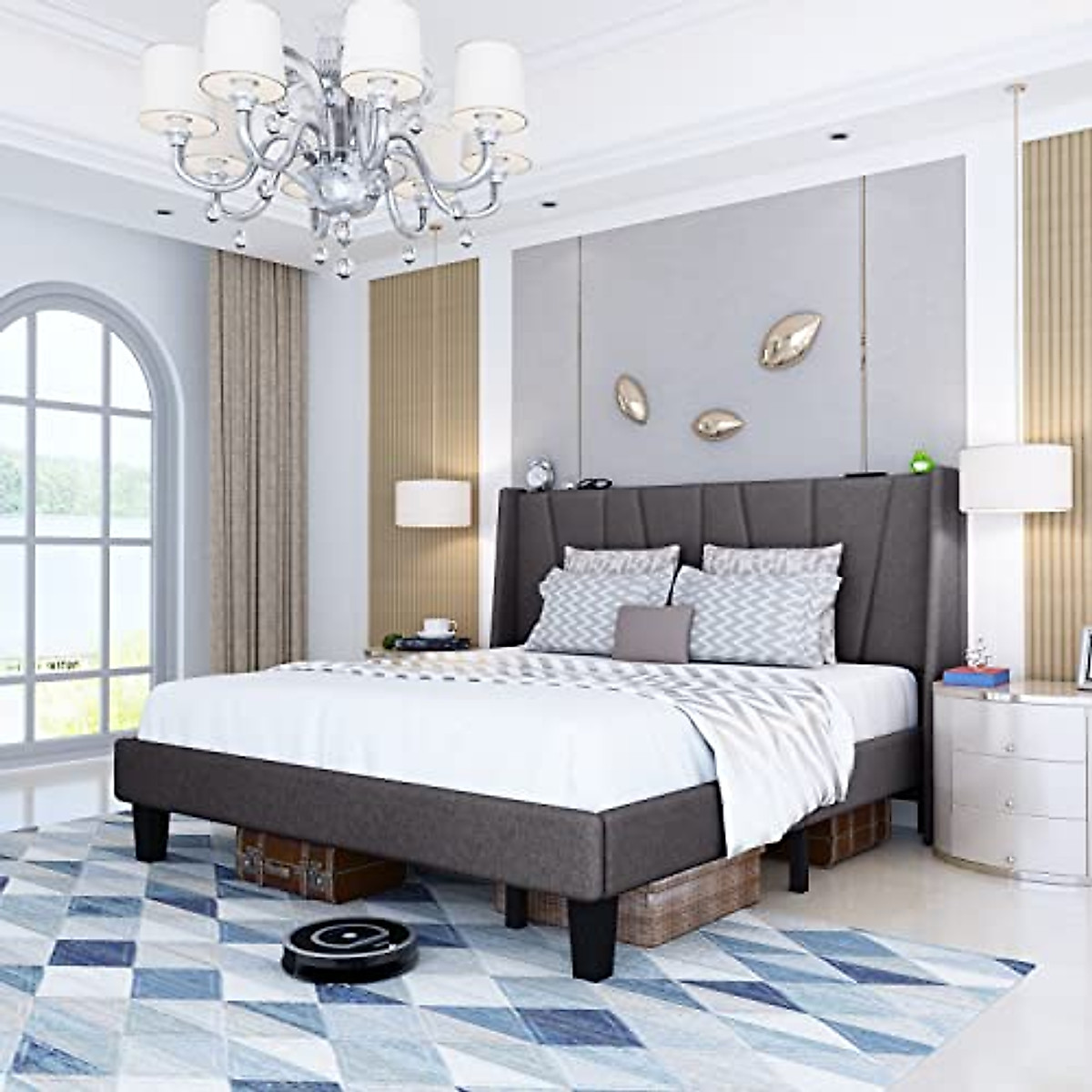 Benevika King Size Platform Bed Frame with Geometric Wingback Headboard, Wooden Slats Support, No Box Spring Needed, Easy Assembly, Gray