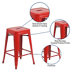 Flash Furniture Kai Commercial Grade 24" High Backless Red Metal Indoor-Outdoor Counter Height Stool with Square Seat
