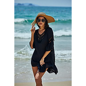 Ekouaer Swimwear Coverups for Women Cute Pleated Beach Wear Dress Womens Crochet V Neck Bikini Cover-Ups