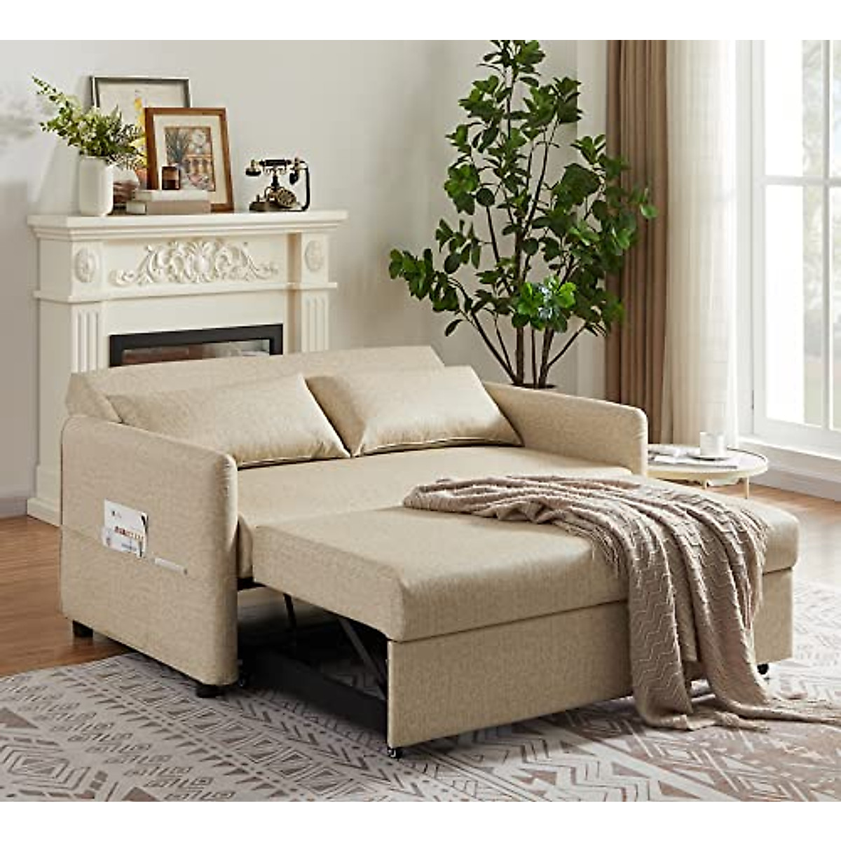 Melpomene Loveseat Sleeper Faux Leather Couch w/Pull-Out Bed and Adjustable Back, 57.1" Modern Convertible Sofa Bed w/ 2 Side Pockets and 2 Pillows (Khaki)