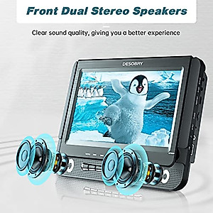 10” Car DVD Player Dual Screen, DESOBRY 4000mAh Rechargeable Portable DVD Players for Car with Front Speakers, Last Memory, Headrest DVD Player Support USB/TF for Travel, Home (2 DVD Players)