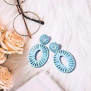 Statement Raffia Earrings Boho Drop Dangle Earrings for Women Handmade Fashion Earring Bohemian Gift Jewelry(Light Blue)