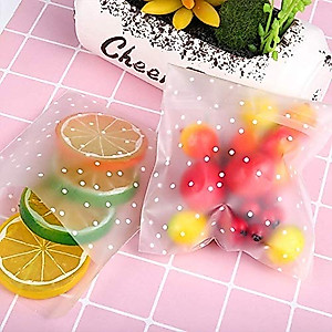 Self Sealing Cookie Bags Cellophane Treat Bags, Searik White Polka Dot Party Pastry Candy Bags For Cookie Wedding Party Gift Giving 100 Bags with 100 Thank You Labels (5.5 x 5.5 inches, 100 Pcs)