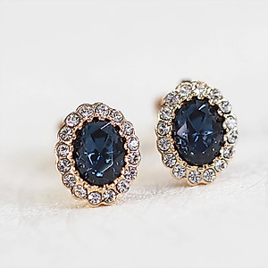 Gold Plated Oval Shaped AAAAA Australia Crystal with Clear Cubic Zirconia Stud Earrings Fashion Jewelry for Women (Rose Gold Sapphire)