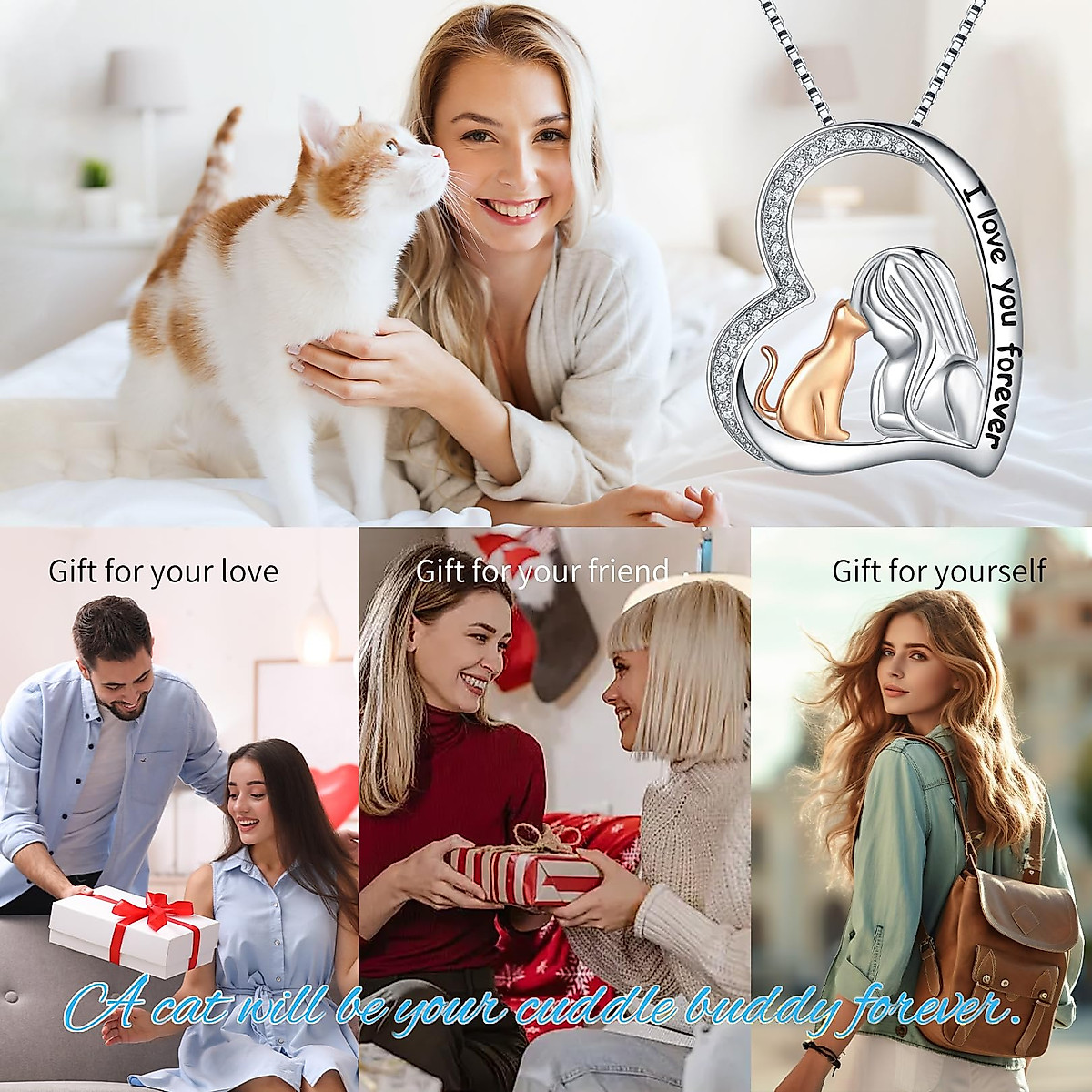 ASLBUNM Cat Necklace 925 Sterling Silver Cute Animal Pendant Necklaces Jewelry Gifts for Cat lovers