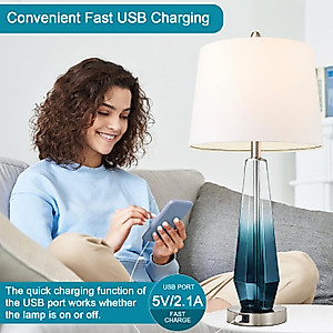 Modern Table Lamps Set of 2, 28" Teal Tall Lamp with USB C+A, Blue Glass Lamp Coastal Lamps with Linen Shade, Nightstand Bedside Lamps for Living Room End Table Buffet Lamps