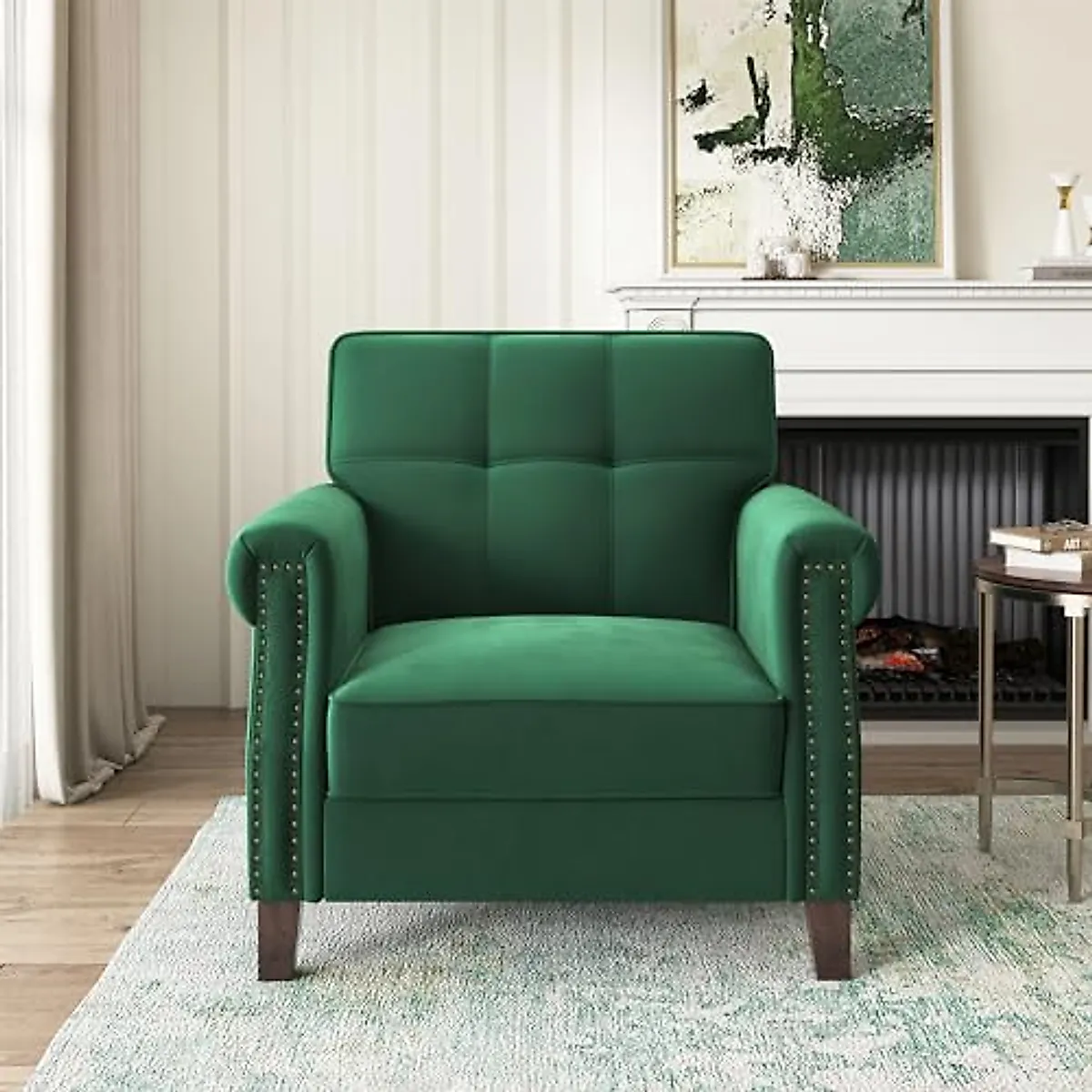 HONBAY Velvet Modern Accent Chair, Comfy Chair Armchair for Bedroom with Nailhead Arm Cozy Single Sofa Club Chair for Living Room Office, Green