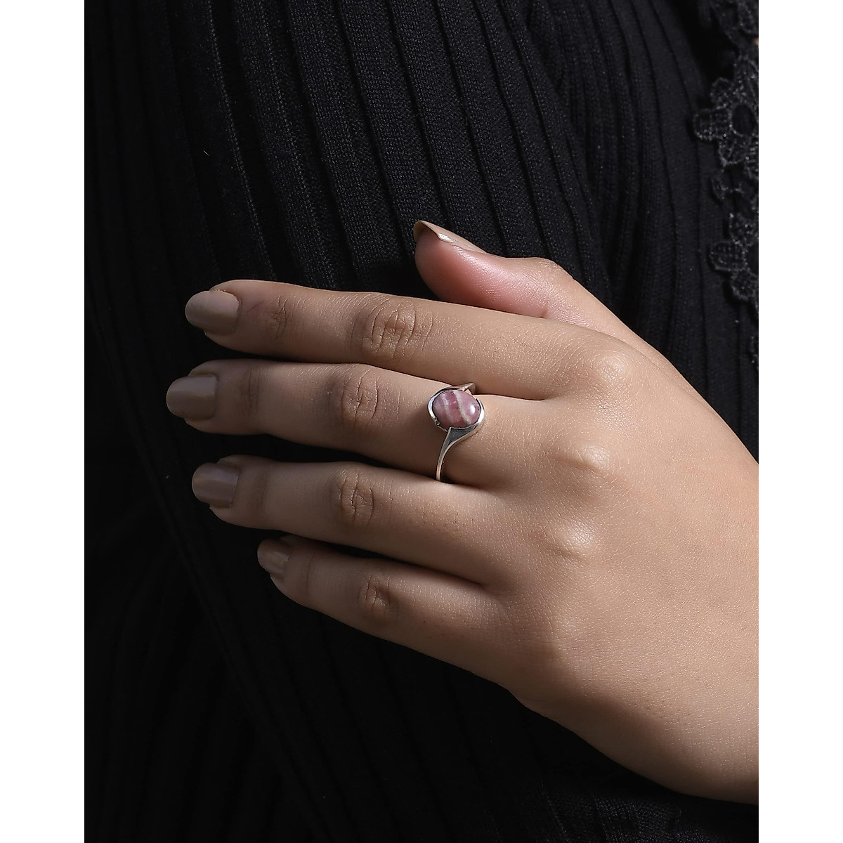 Silver Eternity 925 Sterling Silver Pink Stone Rhodochrosite Ring for Women Natural Gemstone Rhodochrosite 925 Sterling Silver Ring Jewelry for Women (Pink, Ring Size 10)
