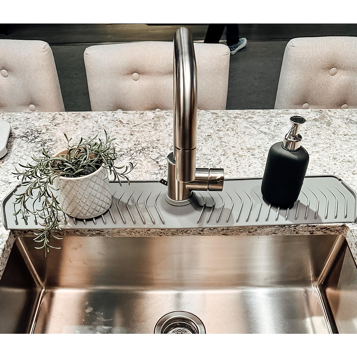 30 inch XXL long sink splash guard, sloped for water runoff, heavy duty adjustable fit splash guard, kitchen sink mat, faucet handle drip catcher, water counter protector, faucet draining mat