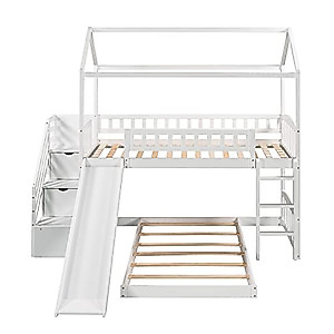 MERITLINE House Bunk Beds with Slide Twin Over Twin Bunk Bed with Stairs for Kids, Wood Twin Bunk Beds with Roof and Two Drawers for Boys or Girls, No Box Spring Needed, White