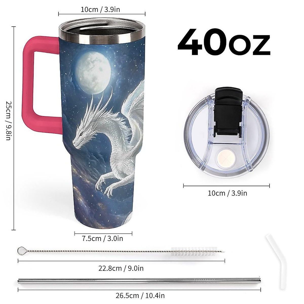 White Dragon Soaring Moon Moonlight 40oz Water Bottle Double Wall Insulated Tumbler with Handle Leakproof Travel Mug Light Rose Red-style