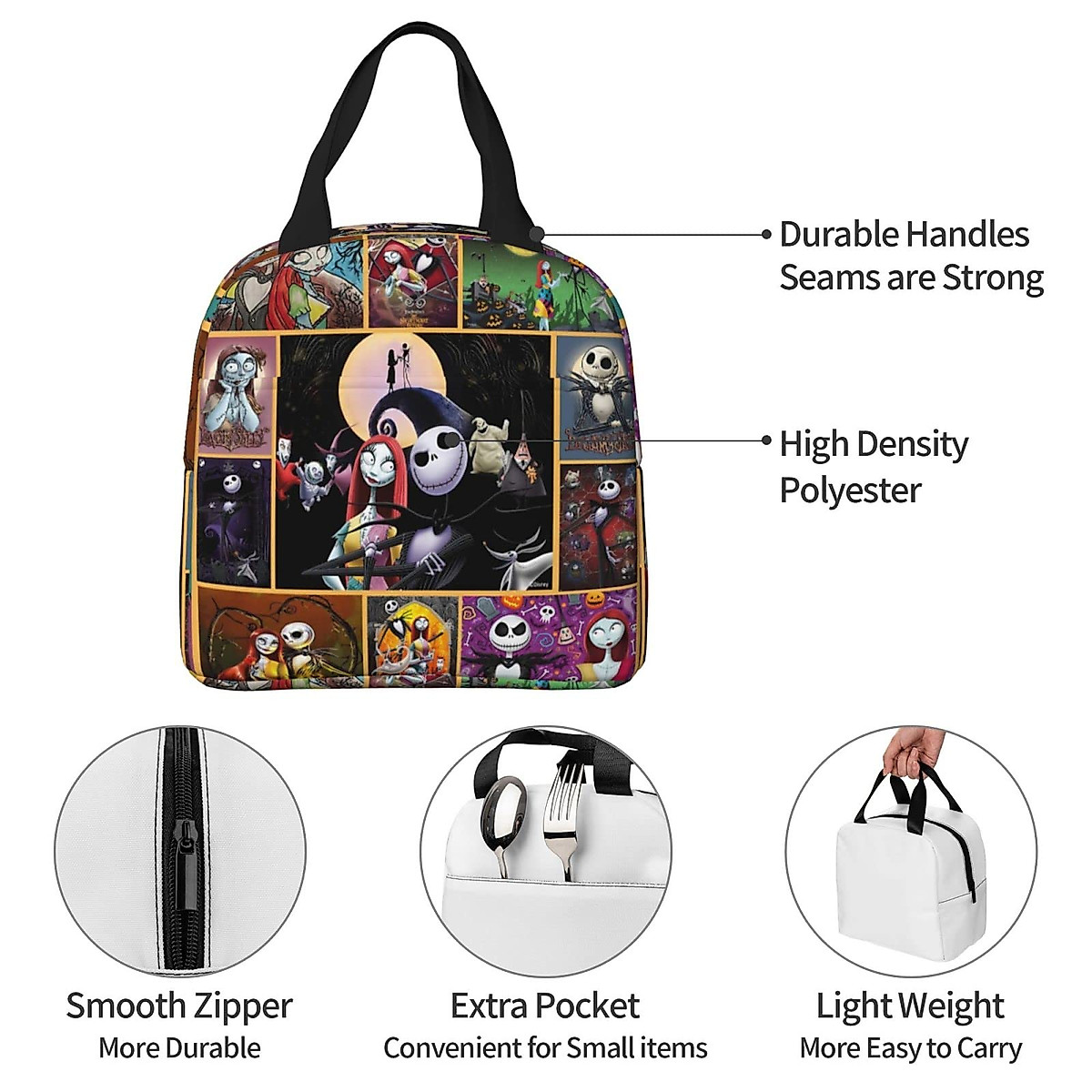 NIKROAD Nightmare Cartoon Before Christmas Tote Lunch Bag Novelty Printing Insulated Lunch Bag Cooler Bag Reusable Fashion Bento Bags