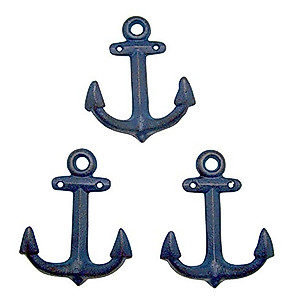 Wowser Nautical Cast Iron Ship Anchor Wall Hooks, 6 Inches, Set of 3 (Blue)