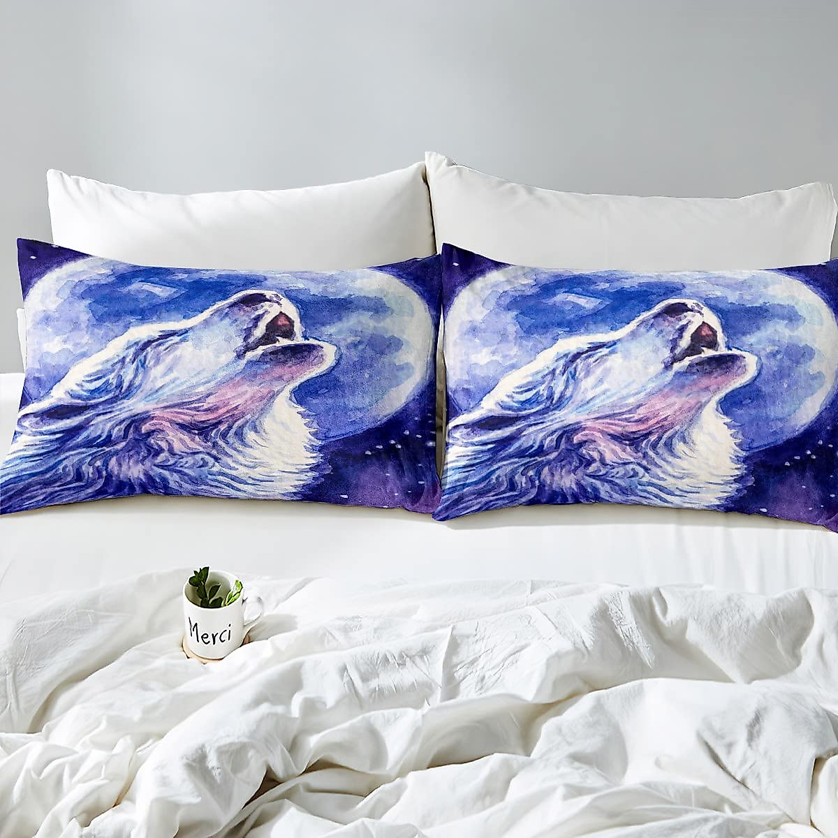 Wolf Bedding Duvet Cover Set Galaxy Wolves Howling Kids Bedding Set Animal Wolves Comforter Cover Set for Boys Room Decor Mountain Moon Wolf Space Outer Sky Bedspread Cover Queen With 2 Pillow Case